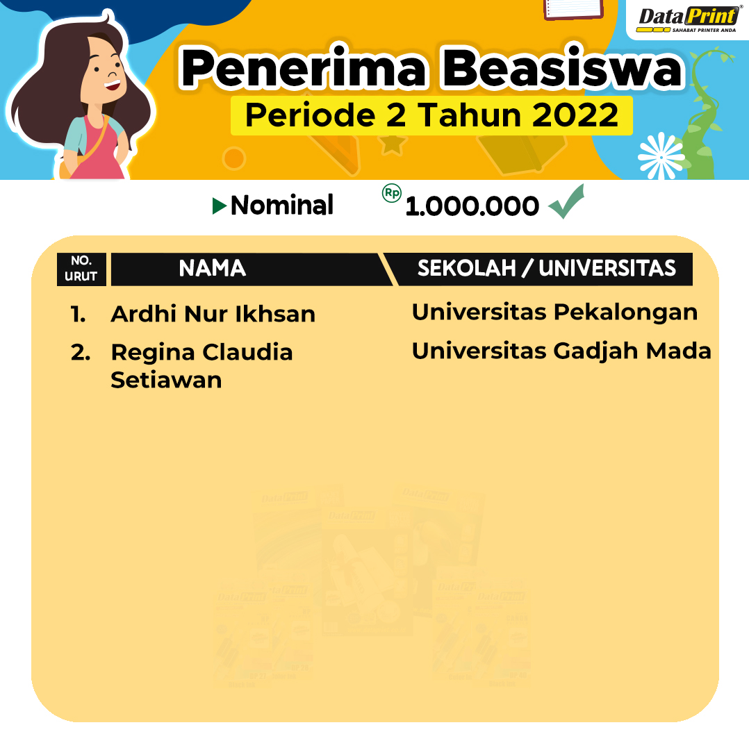 Penerima BEASISWA DataPrint Periode 2 tahun 2022 – nominal Rp 1.000.000 – Beasiswa DataPrint