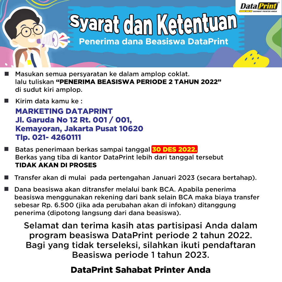 Penerima BEASISWA DataPrint Periode 2 tahun 2022 – nominal Rp 1.000.000 – Beasiswa DataPrint